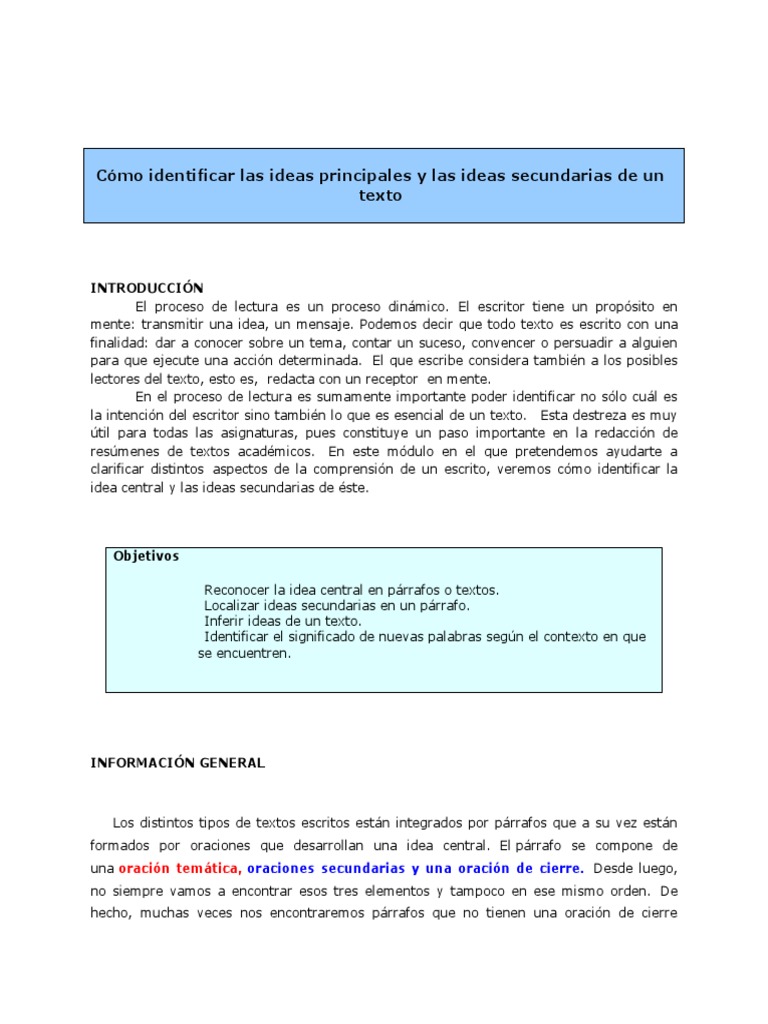 Cómo Identificar Las Ideas Principales y Las Ideas Secundarias de Un ...