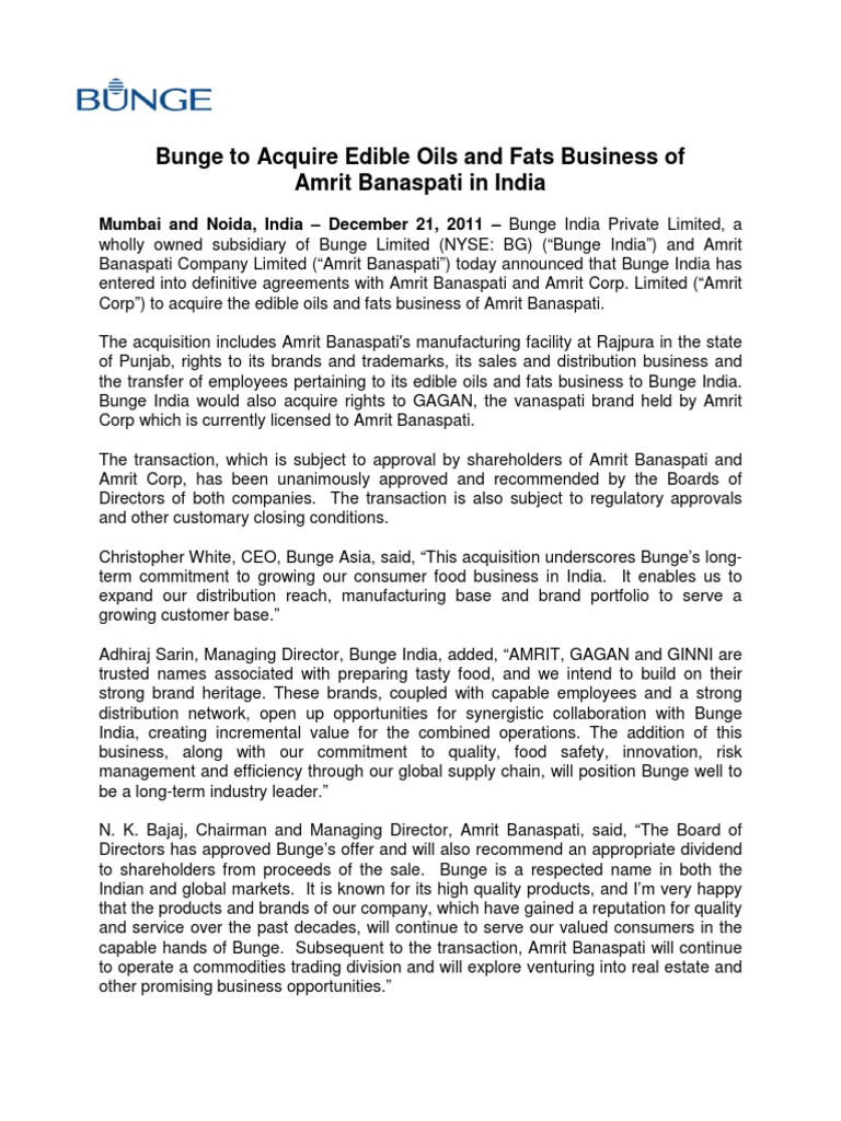 Bunge To Acquire Edible Oils and Fats Business of Amrit Banaspati in ...