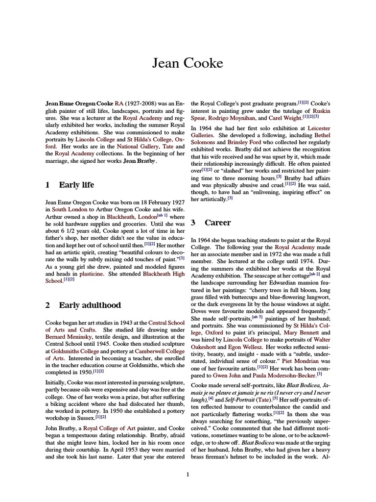 Jean Cooke: 1 Early Life | PDF | Paintings | Art Media