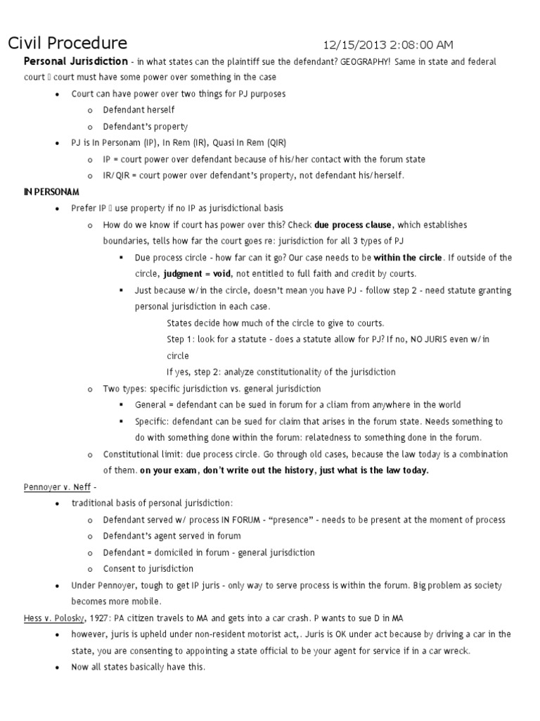 Civ Pro Outline 2013 | PDF | Diversity Jurisdiction | Personal Jurisdiction
