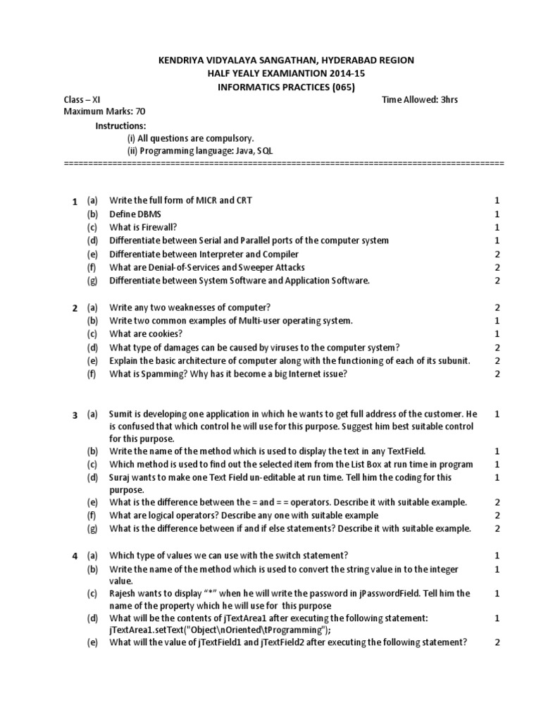 Informatics Practices Question Paper Set1 Class Xi Ip Half Yearly | PDF | C (Programming ...