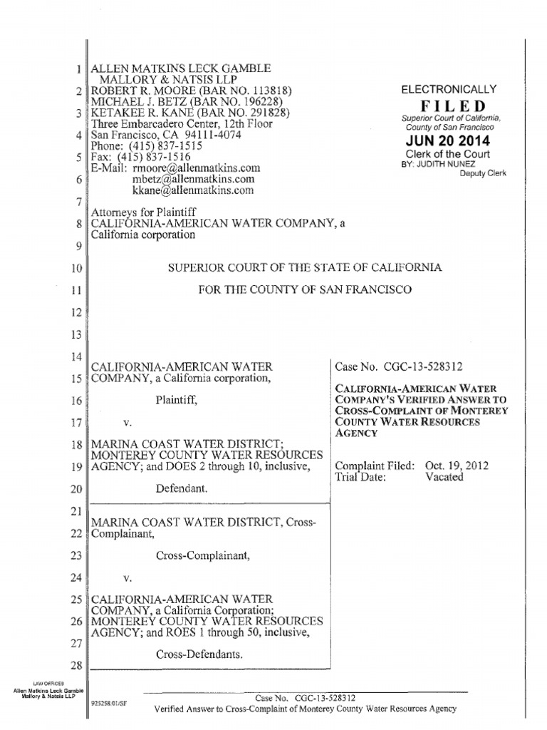 Cal-Am Verified Answer to Cross-complaint of Mcwra 06-20-14 ...