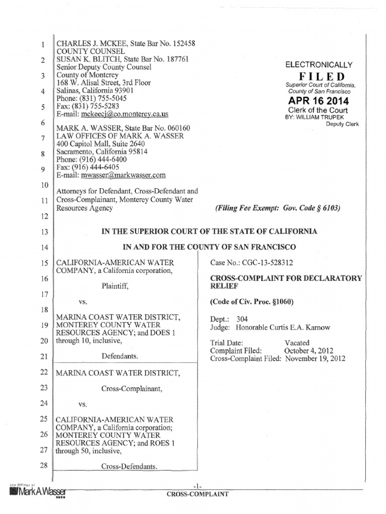 CROSS-COMPLAINT CGC 13-528312 04-16-14 | Mail | Declaratory Judgment