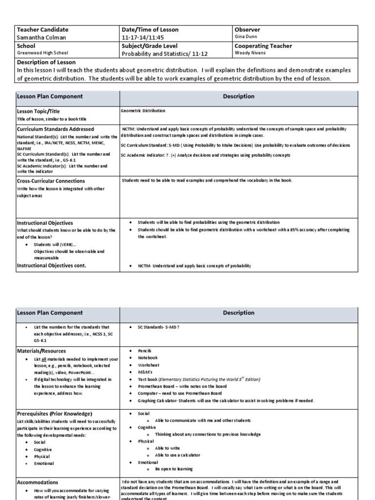 Geometric Distribution Lesson Plan | PDF | Probability Distribution ...