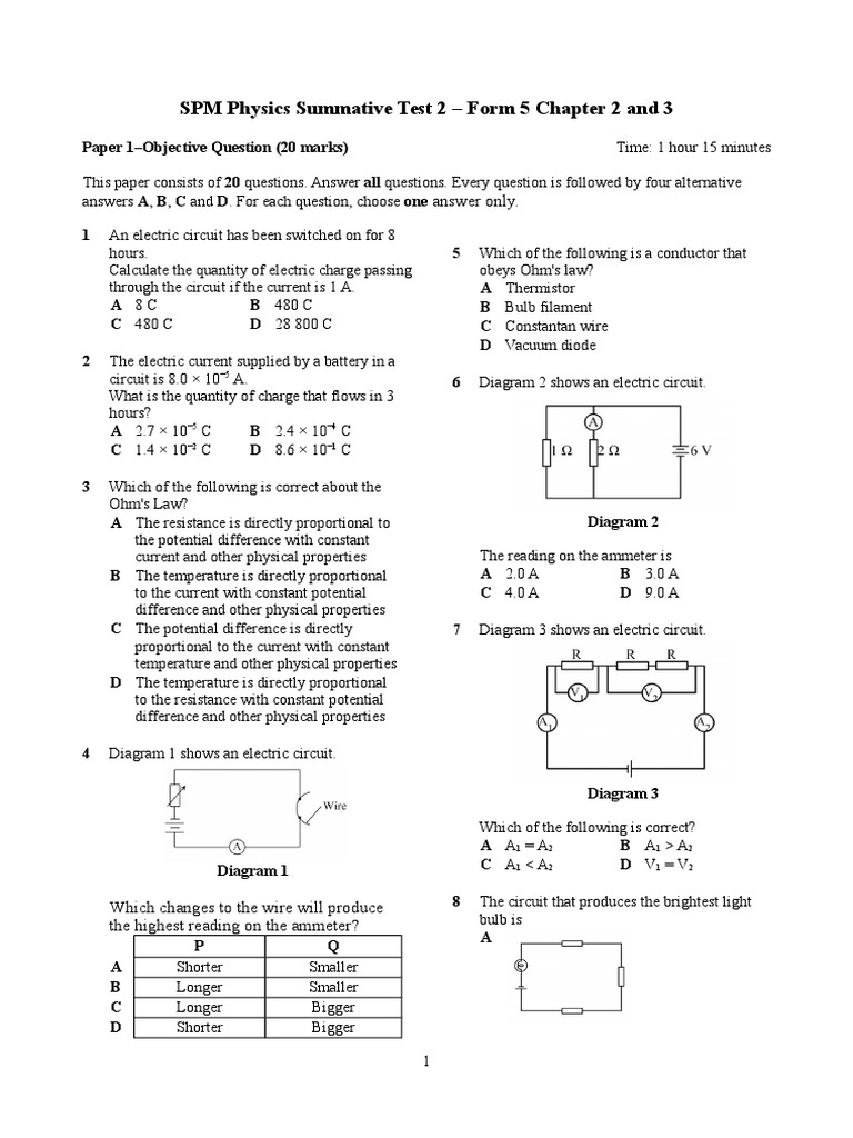 SPM Physics Summative Test 2 - Form 5 Chapter 2 and 3 | PDF | Electric ...