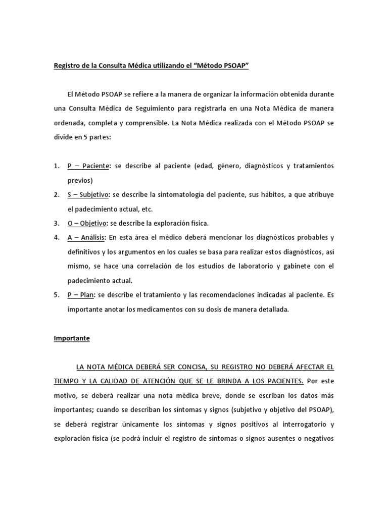 Metodo PSOAP y Ejemplo de Nota Medica