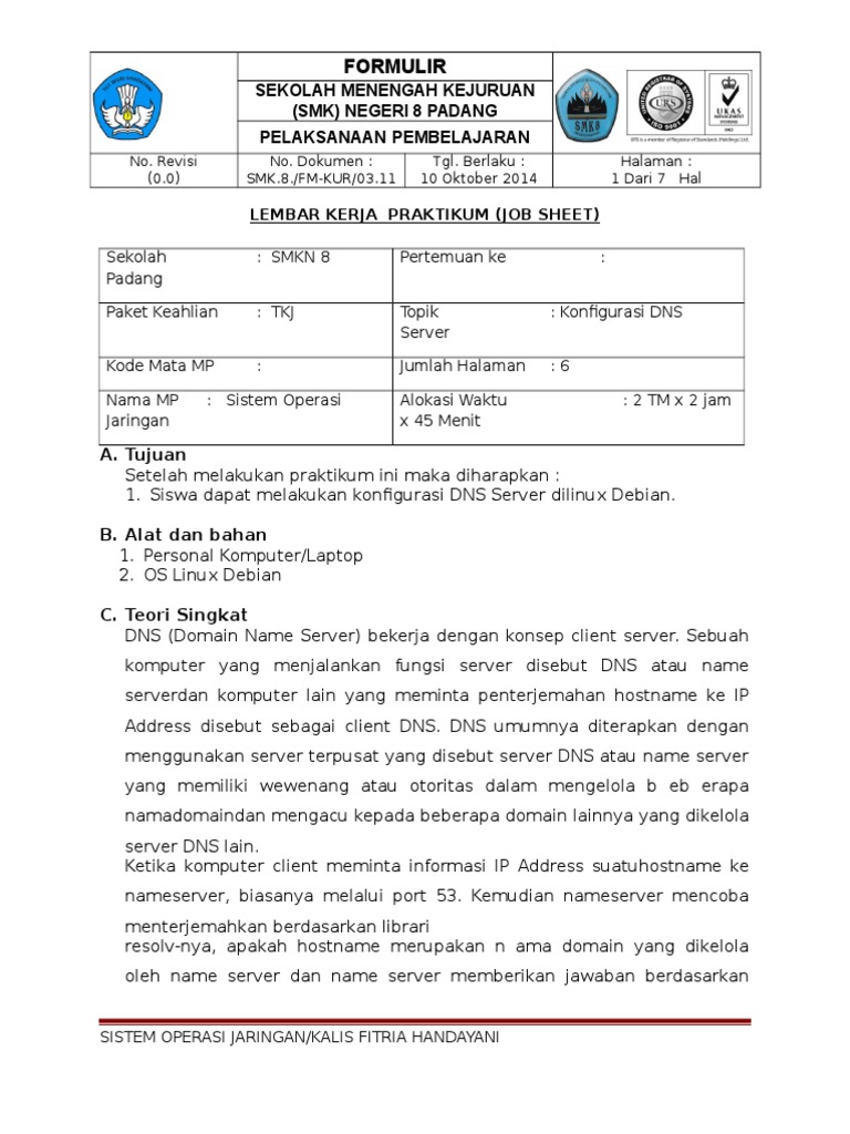 Jobsheet Konfigurasi DNS Server Debian | PDF