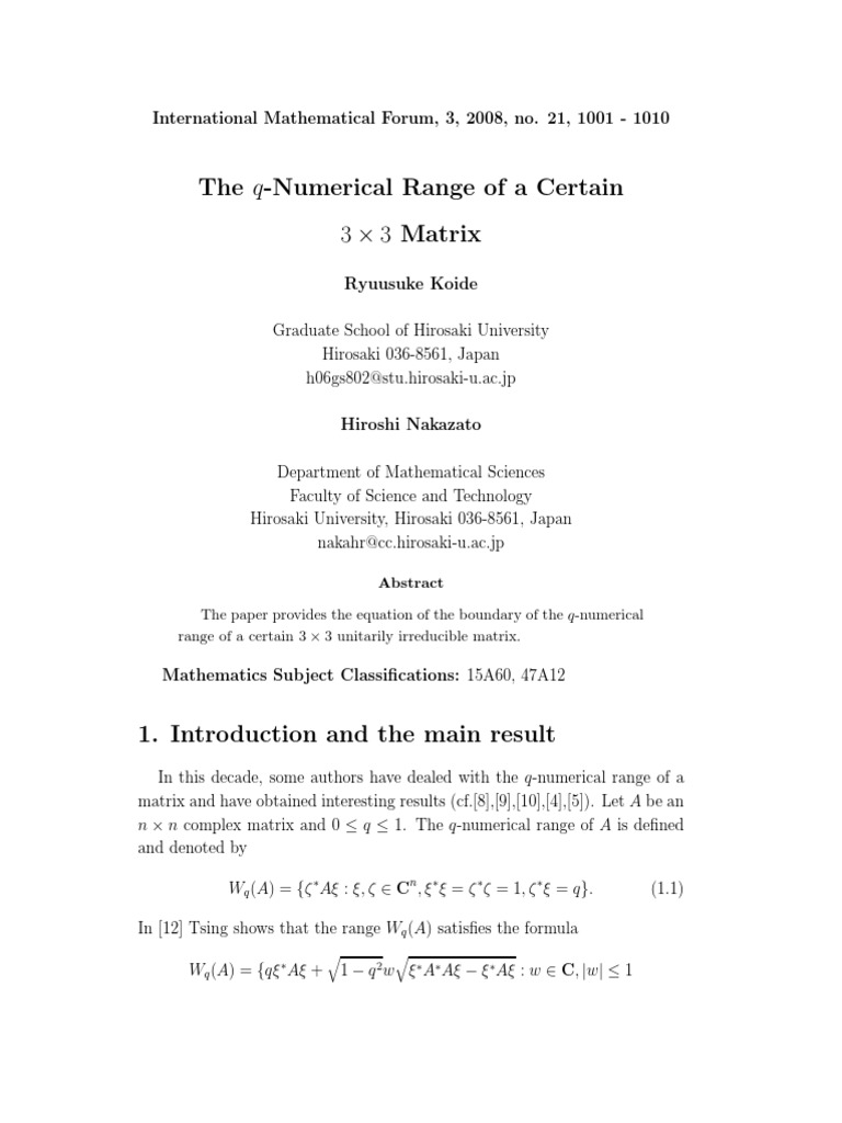 The Q-Numerical Range of A Certain: 3 × 3 Matrix | Download Free PDF | Matrix (Mathematics ...