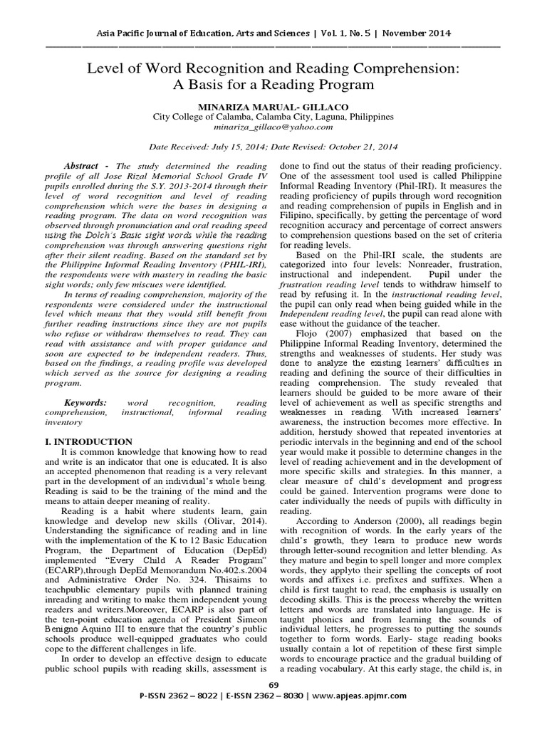 Level of Word Recognition and Reading Comprehension: A Basis For A ...
