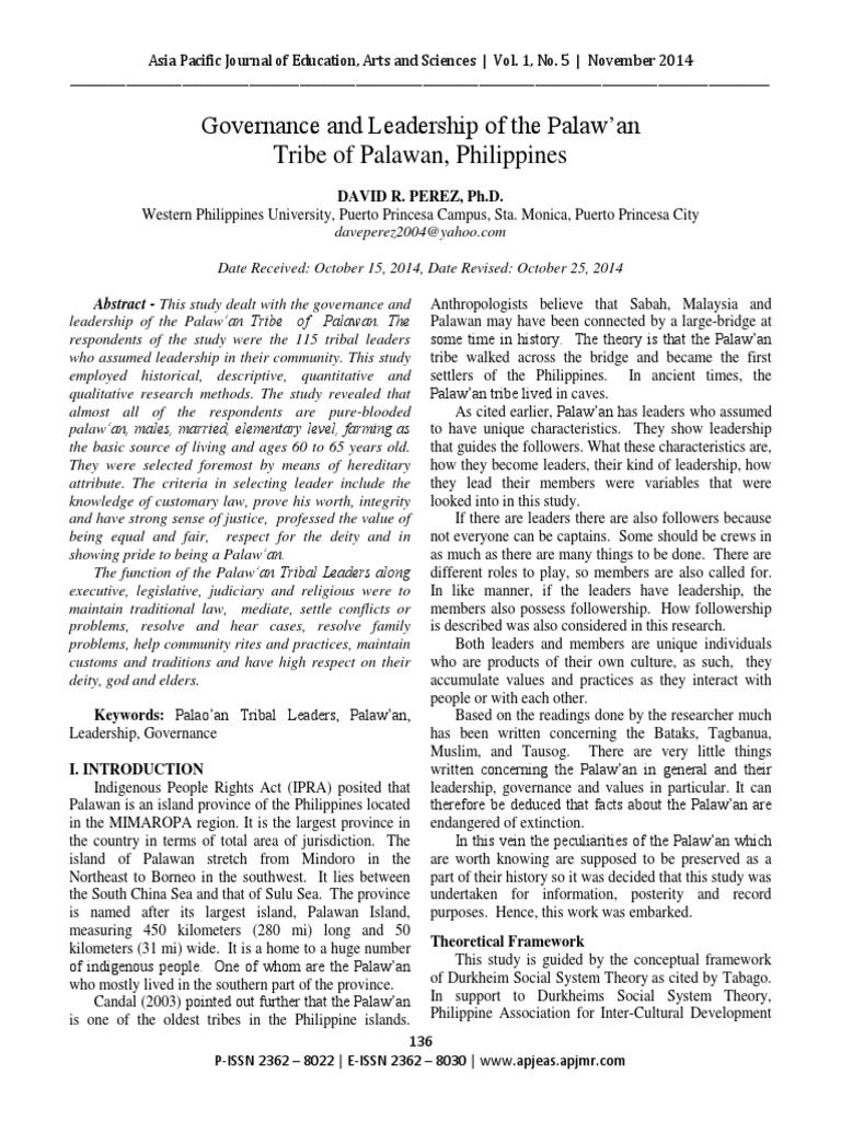 Governance and Leadership of The Palaw'an Tribe of Palawan, Philippines ...