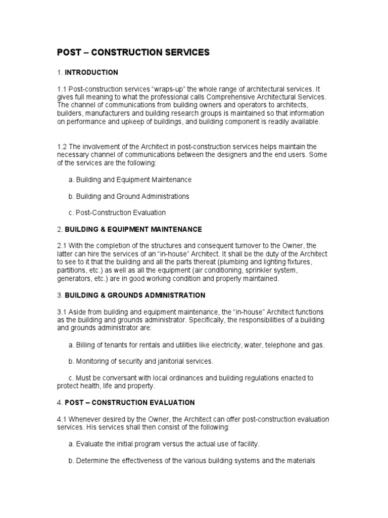 Post-Construction Services Overview | PDF | Architect | Building