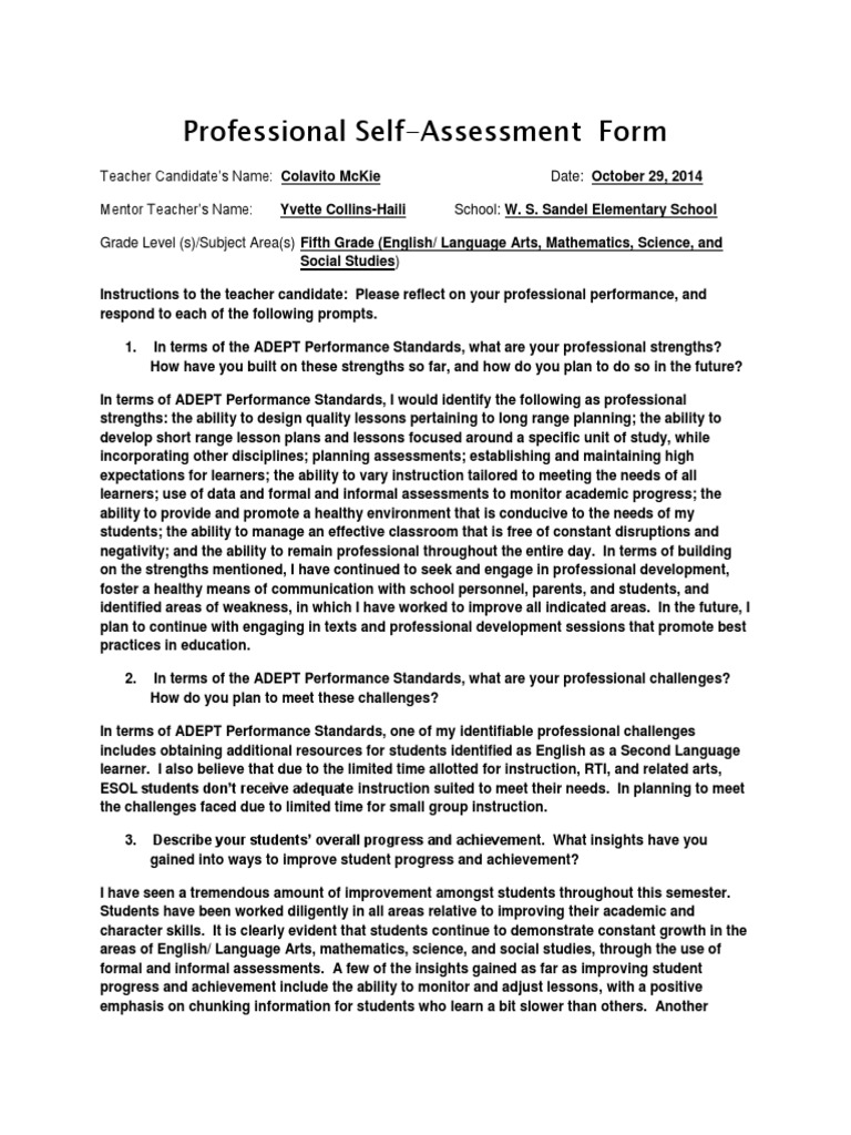 Student Self Assessment Form For Elementary Students