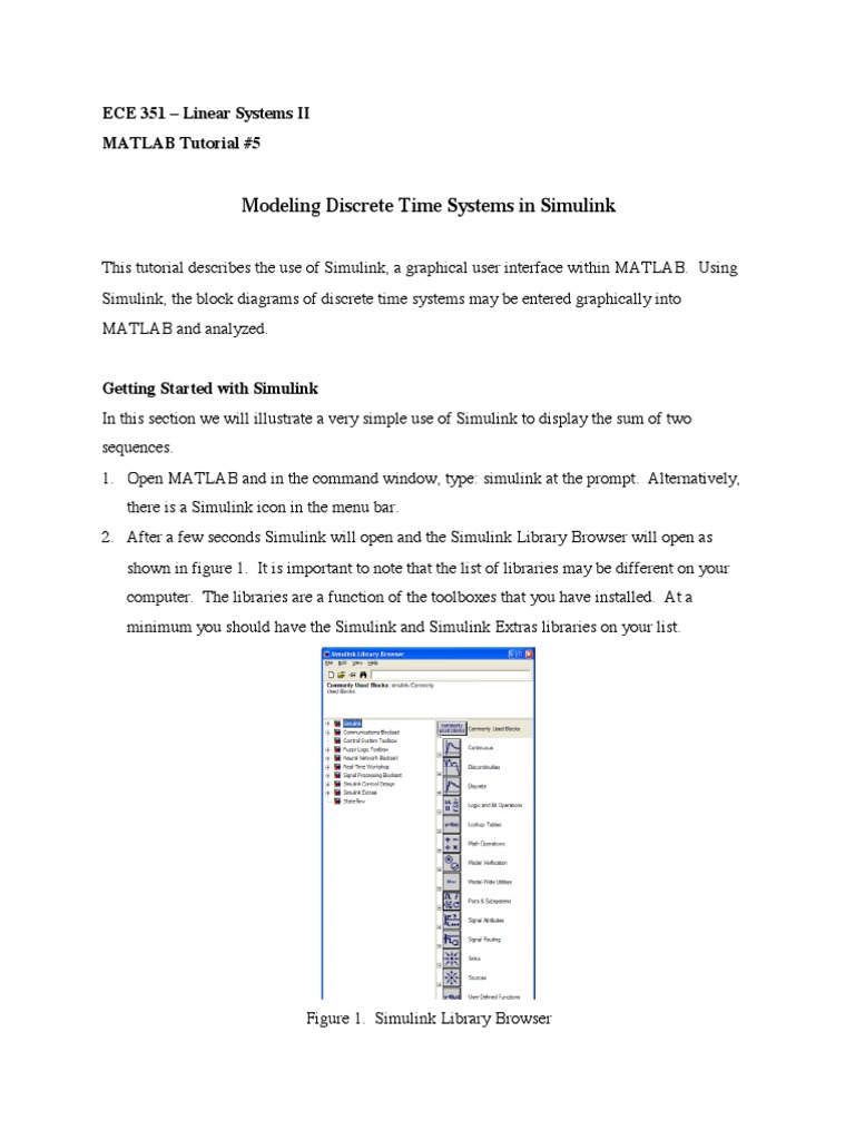 Modeling Discrete Time Systems in Simulink: ECE 351 - Linear Systems II MATLAB Tutorial #5 | PDF ...