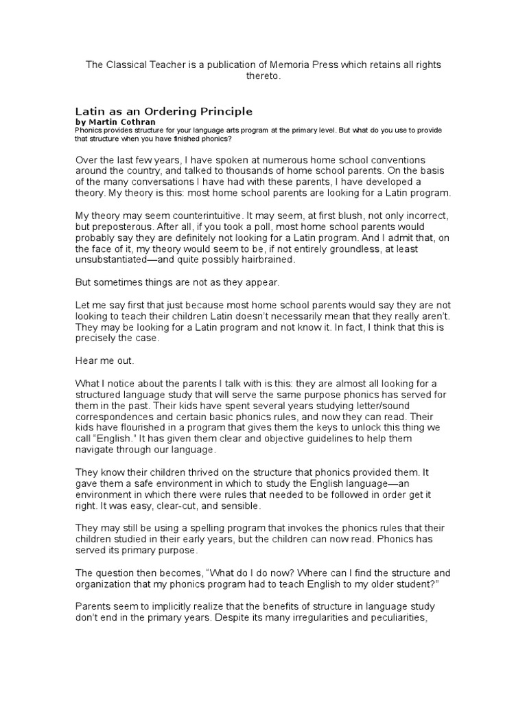 Latin as Structure in Language Arts | PDF | Phonics | Homeschooling