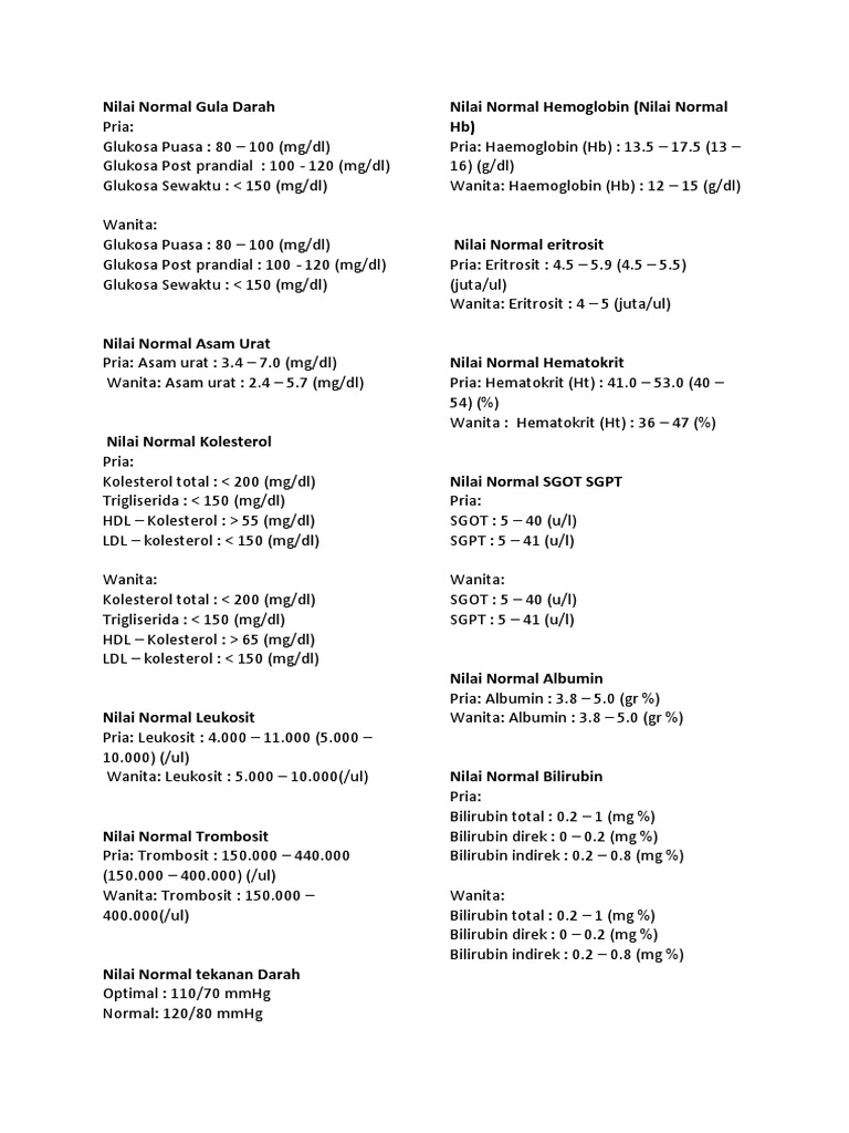 Nilai Normal Pemeriksaan Lab | PDF | Memasak, Makanan, & Anggur