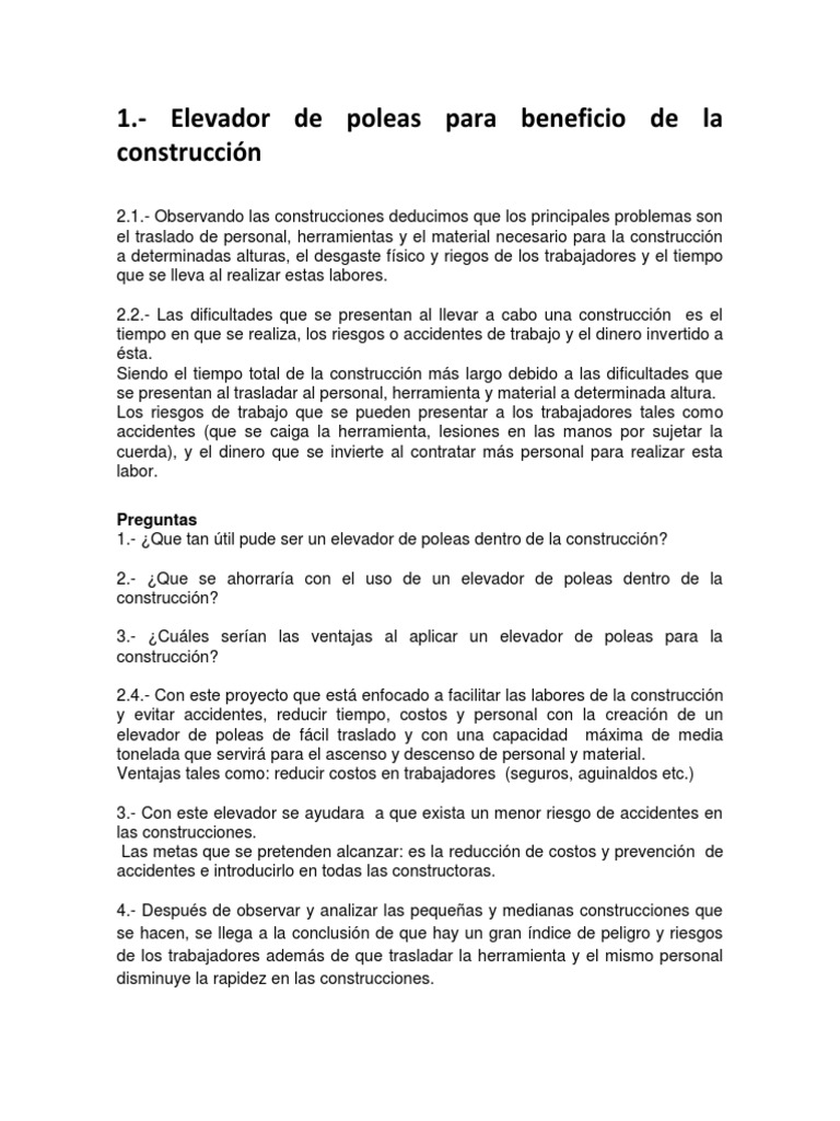 Propuesta de diseño e implementación de un elevador de poleas para uso en construcciones, con el ...