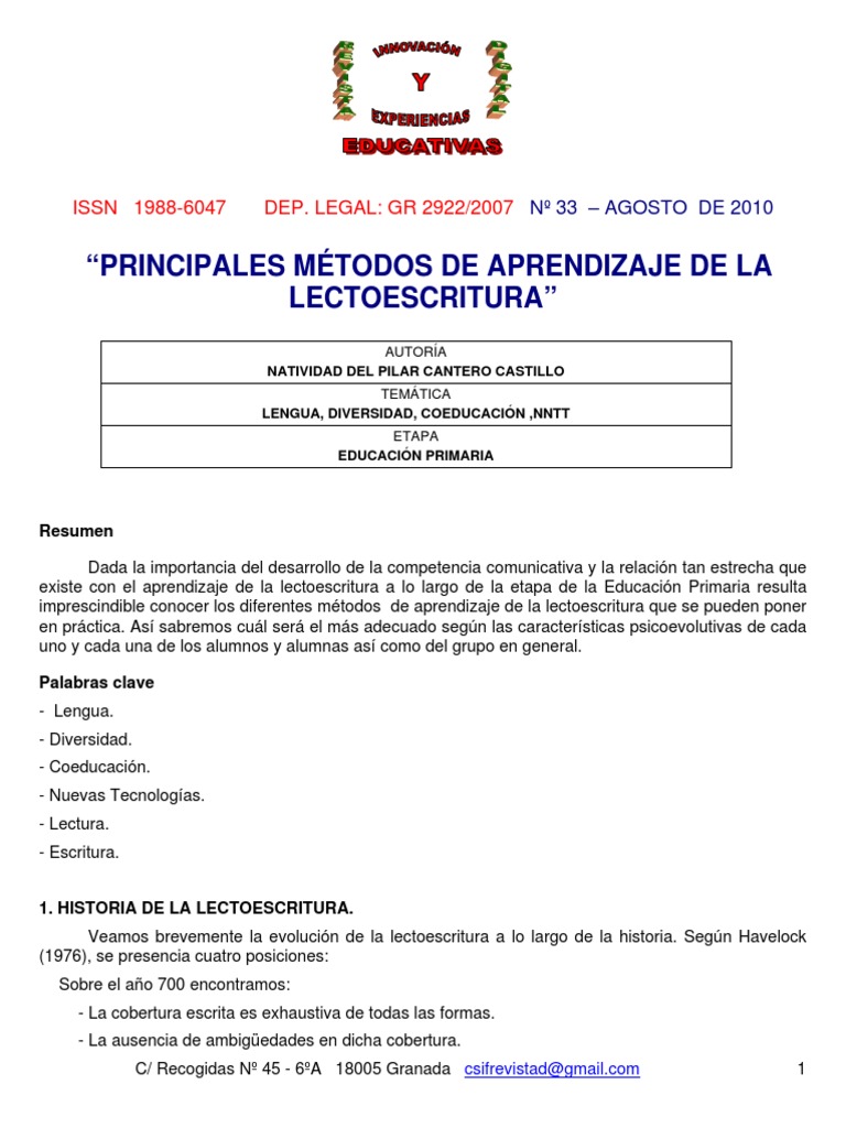 PRINCIPALES MÉTODOS DE APRENDIZAJE DE LA LECTOESCRITURA” | PDF ...