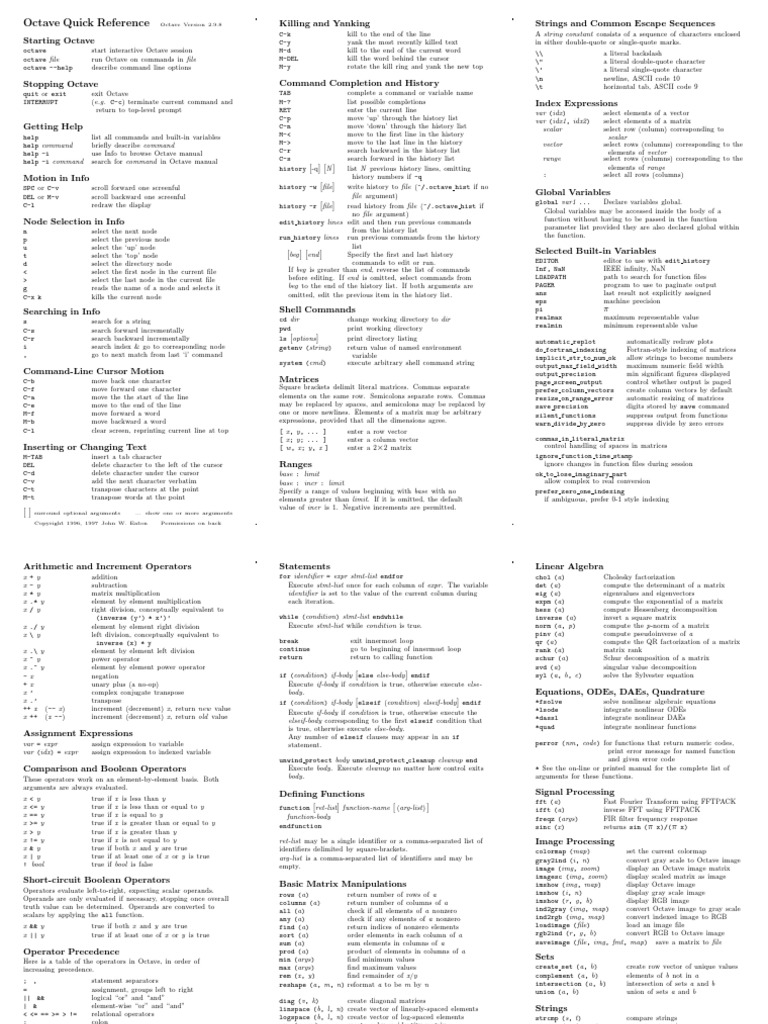 Refcard Card Octave | PDF | Matrix (Mathematics) | Boolean Data Type