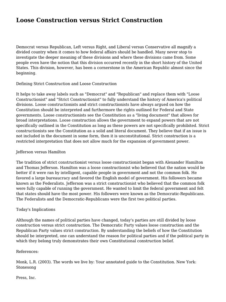 Loose Construction Versus Strict Construction | PDF | Political Parties ...