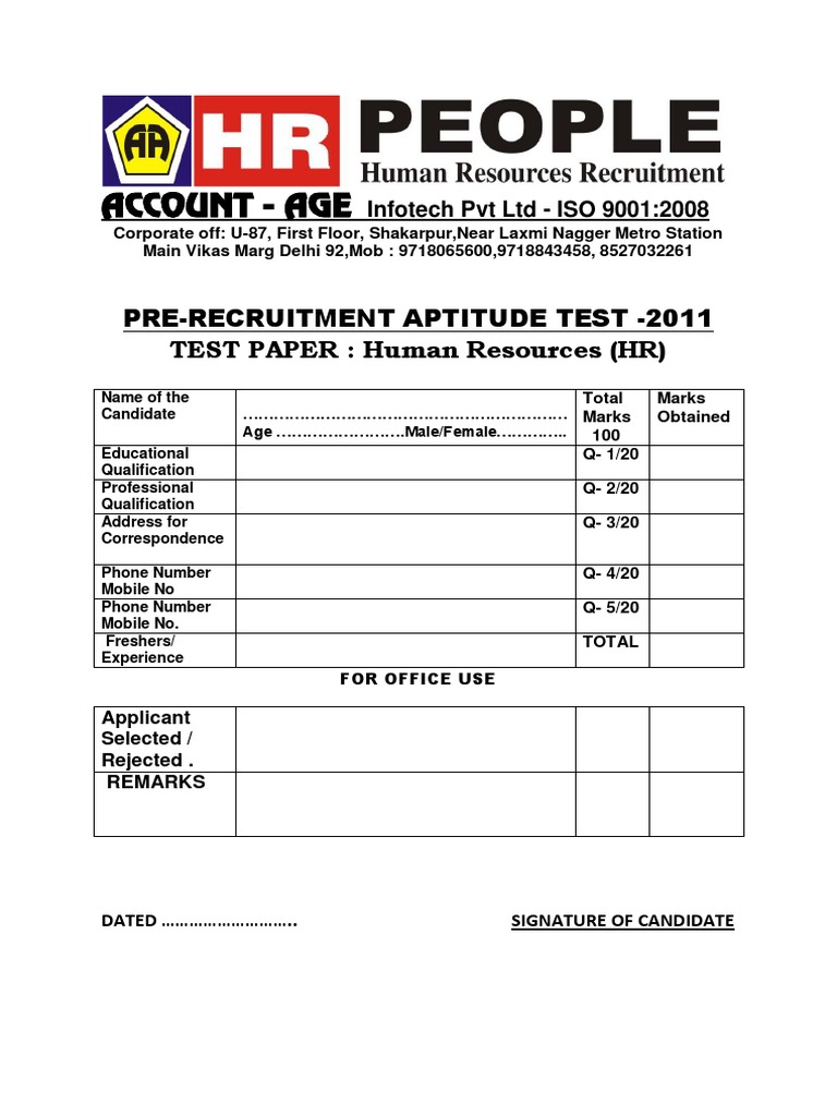 Aptitude Test -HR Executive | Salary | Human Resource Management