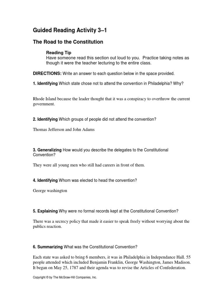 Guided Reading Activity 3 - 1: The Road To The Constitution | PDF