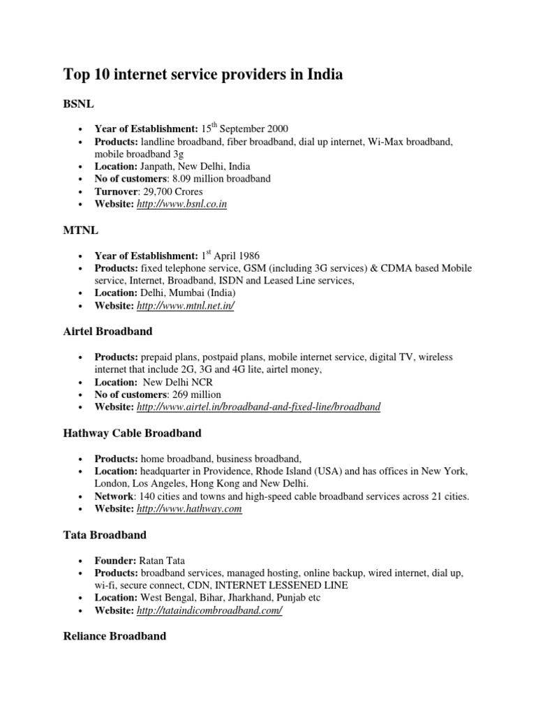 Top 10 Internet Service Providers in India | PDF | Internet Access ...