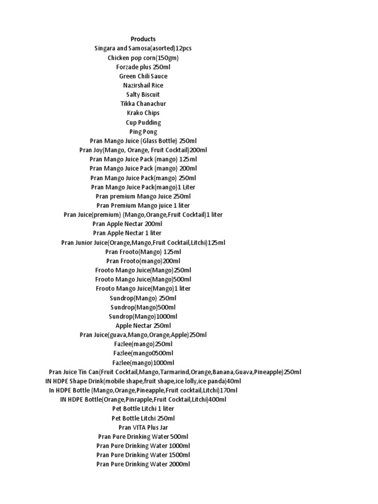 Pran Product Catalog and Price List | PDF