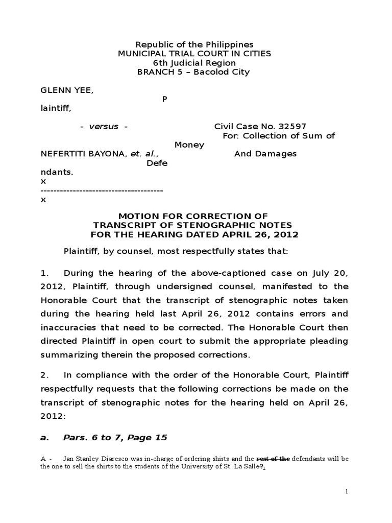 Motion for Correction of Transcript of Stenographic Notes | Government ...