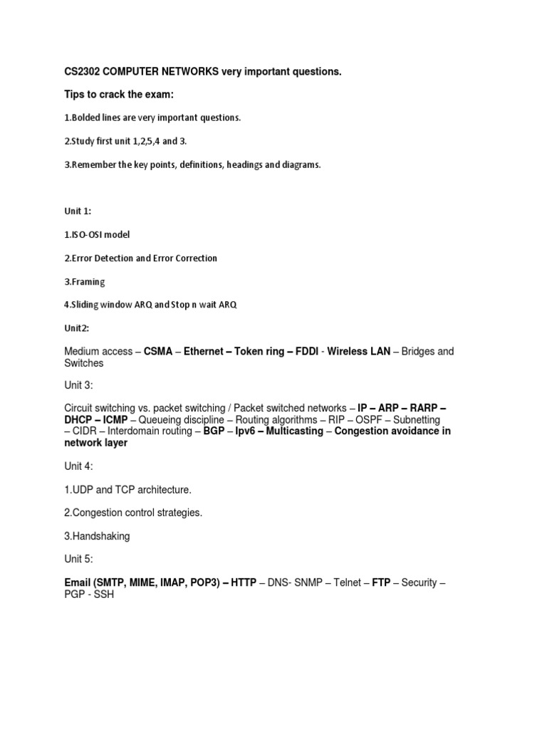 Key Questions for Computer Networks Exam | PDF | Computers | Technology ...