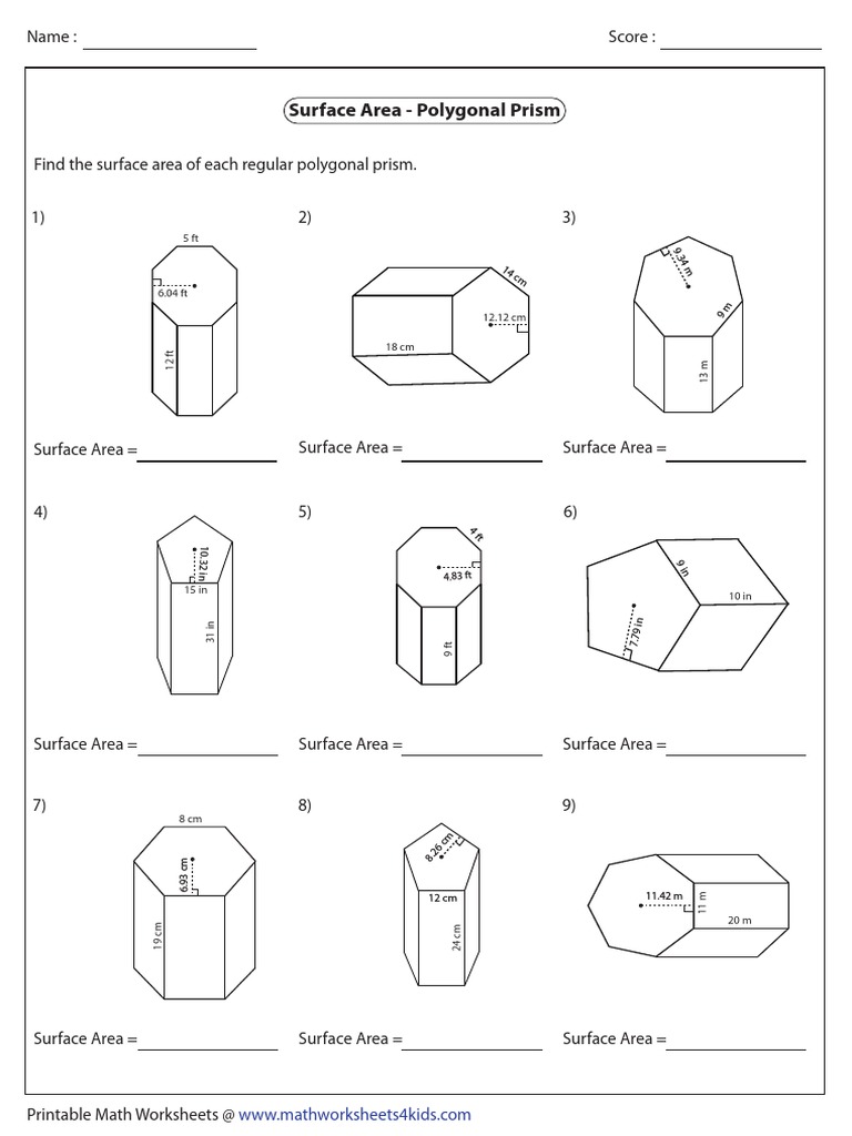 Surface Area Of Prism Worksheet
