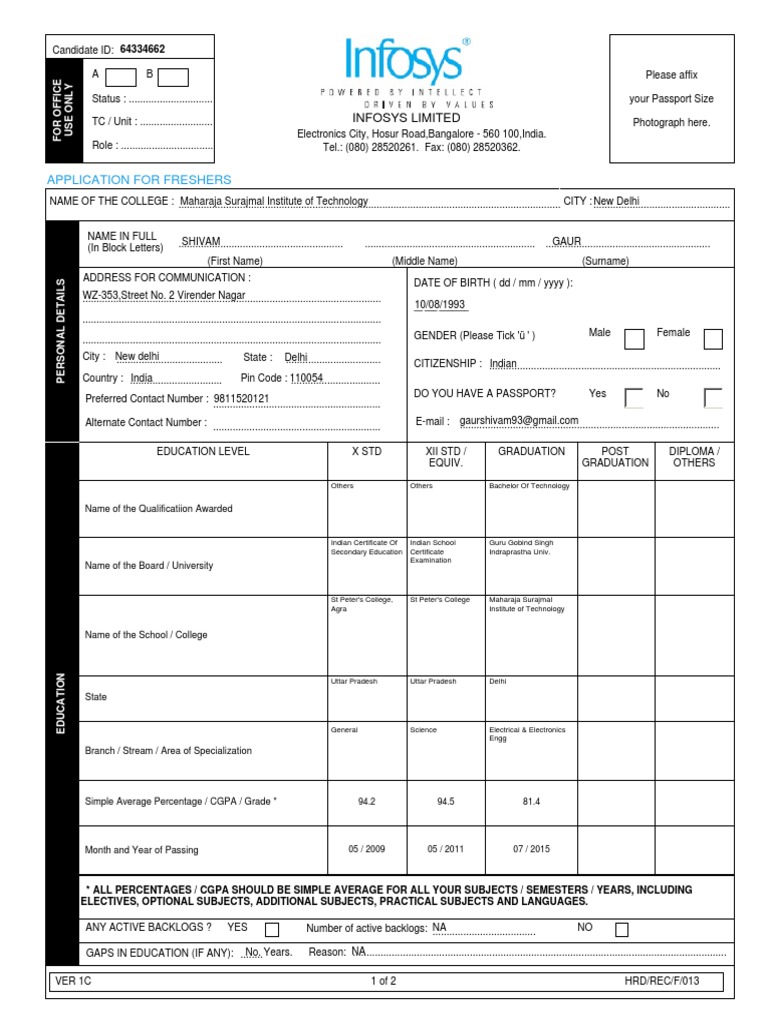 Fresher Application Form For Infosys | PDF | Grading (Education ...