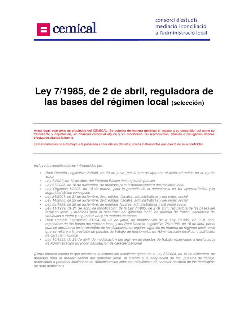 Doc31553 Ley 7-1985, de 2 de Abril, Reguladora de Las Bases Del Regimen ...