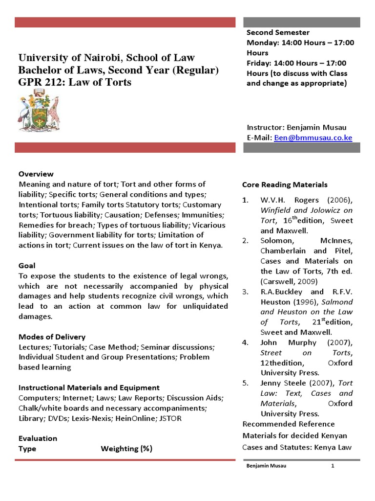 GPR 212 Law of Torts Course Outline - Benjamin Musau | PDF | Trespass ...