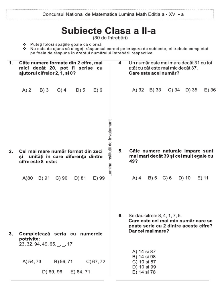 2013 Matematica Concursul 'Lumina Math' Etapa 1 Clasa A II-A Subiecte | PDF