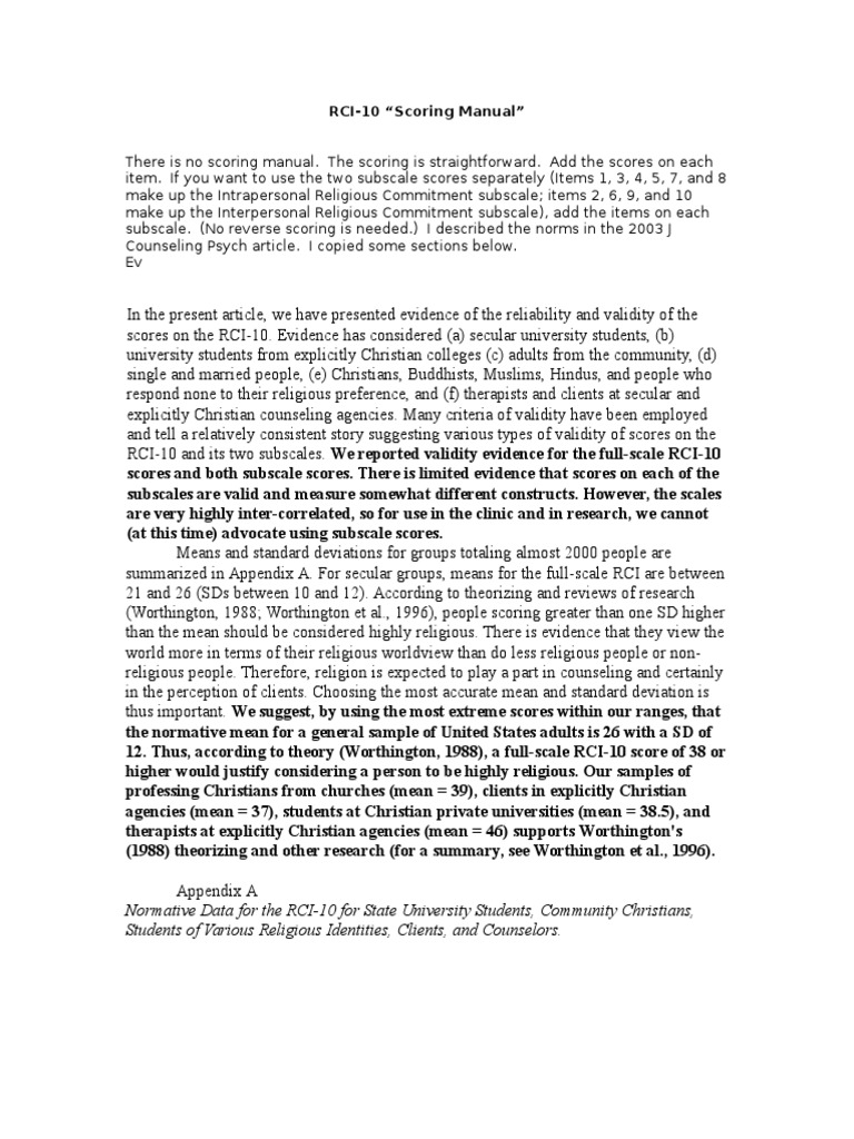 RCI-10 Scoring Manual | PDF | Standard Deviation | Behavioural Sciences