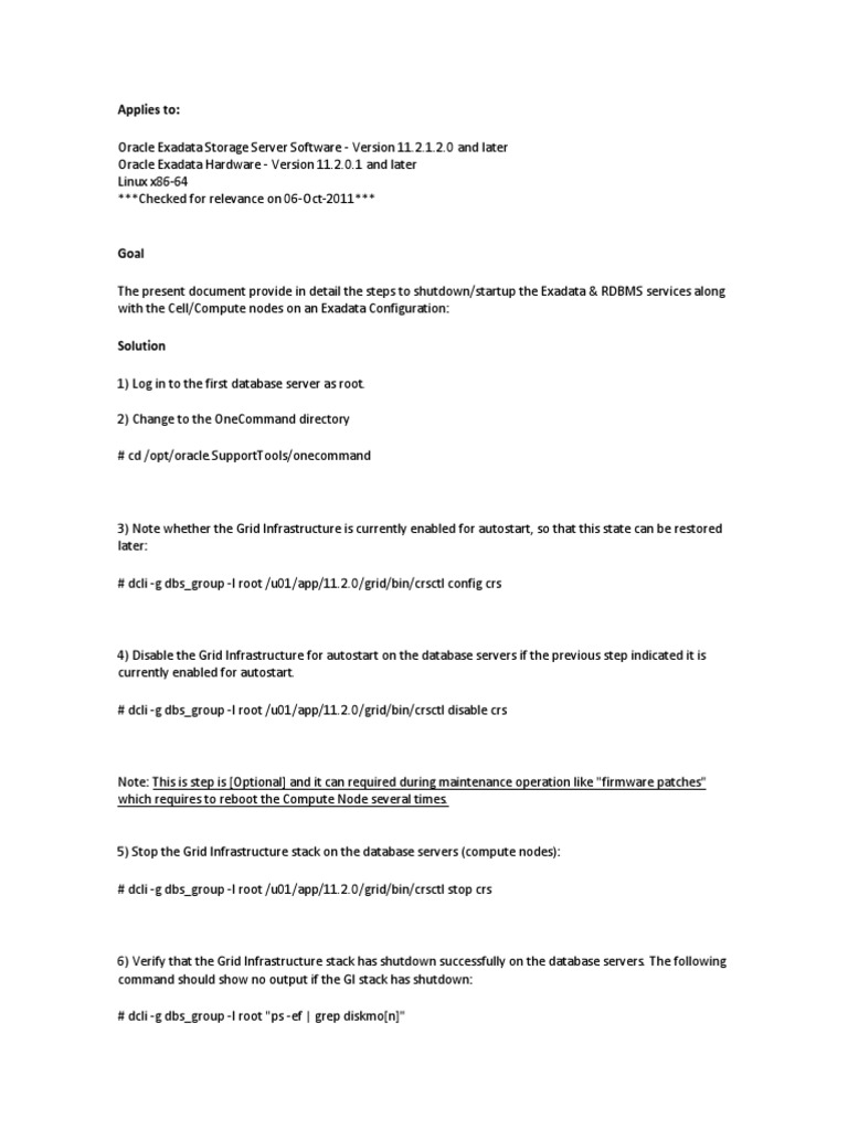 Steps To Shutdown Startup The Exadata & RDBMS Services and Cell Compute ... Steps To Shutdown Startup The Exadata & RDBMS Services and Cell Compute ...