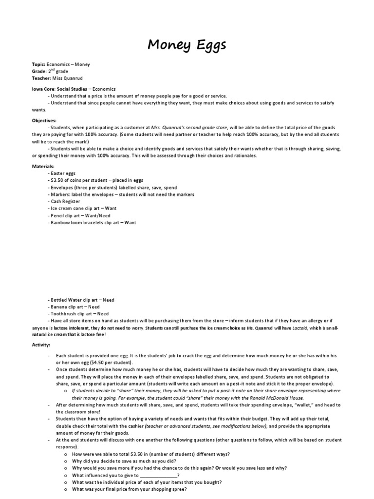 Money Eggs: Topic: Economics - Money Grade: 2 Teacher: Miss Quanrud ...