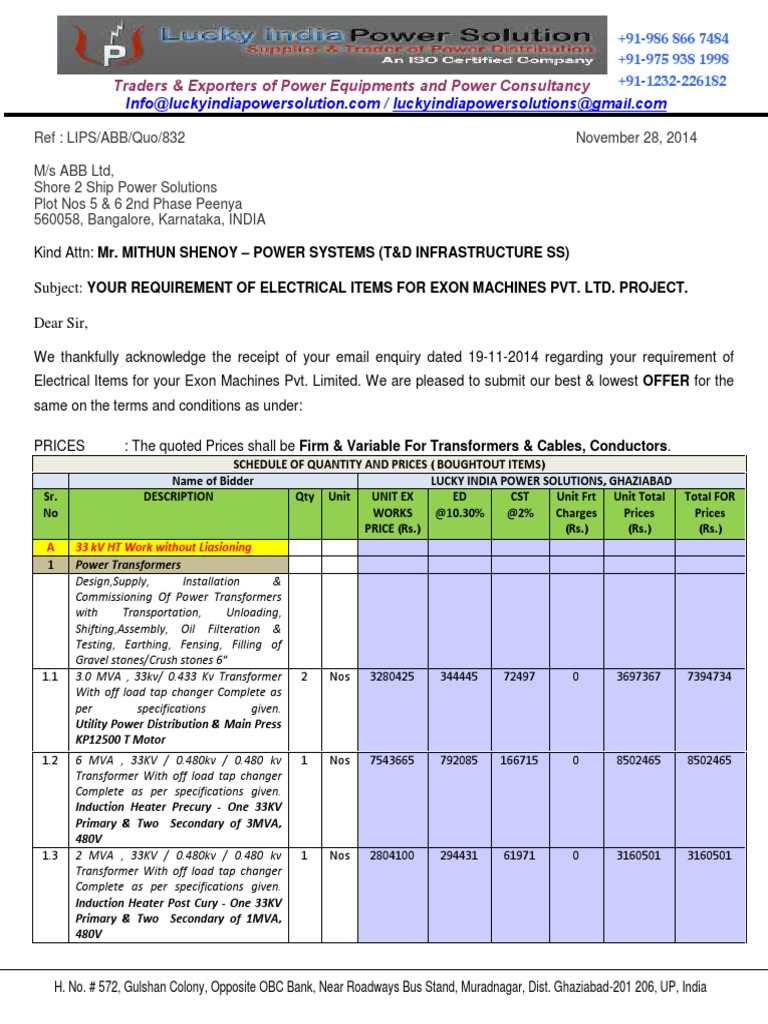 Quotation-Electrical Items-Exon Machines PVT LTD | PDF | Electrical ...