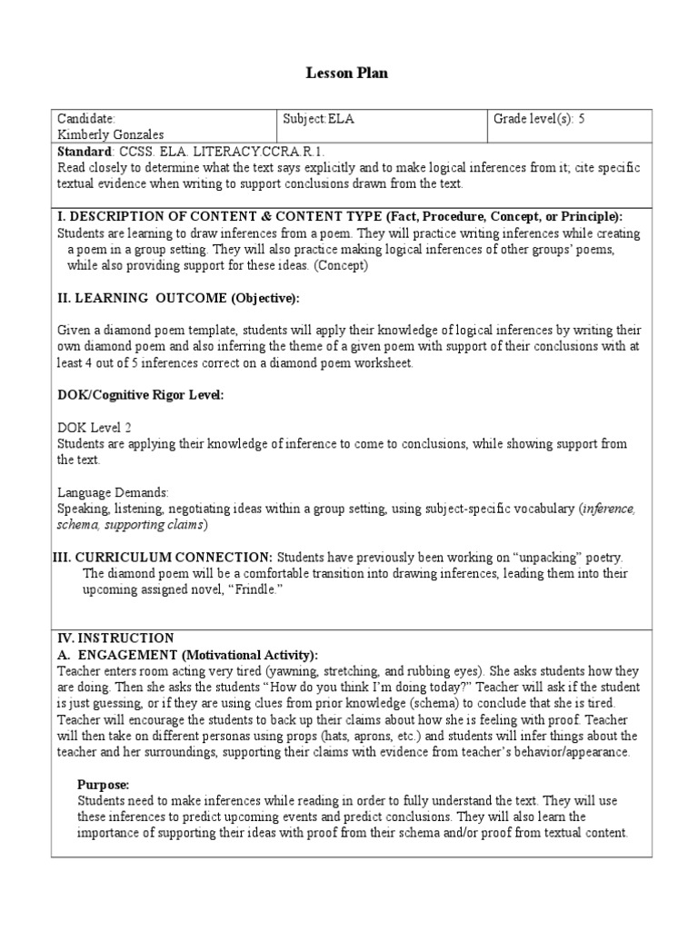 Inference Lesson Plan | PDF | Lesson Plan | Teachers