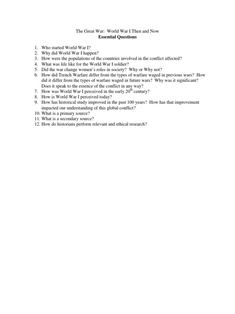 Wwi Unit - Essential Unit Questions | PDF