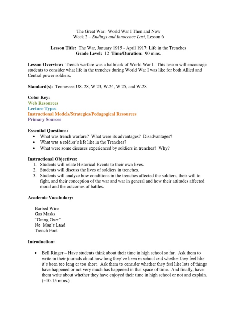 Life in WWI Trenches: A Lesson Plan | PDF | Lecture | Educational ...