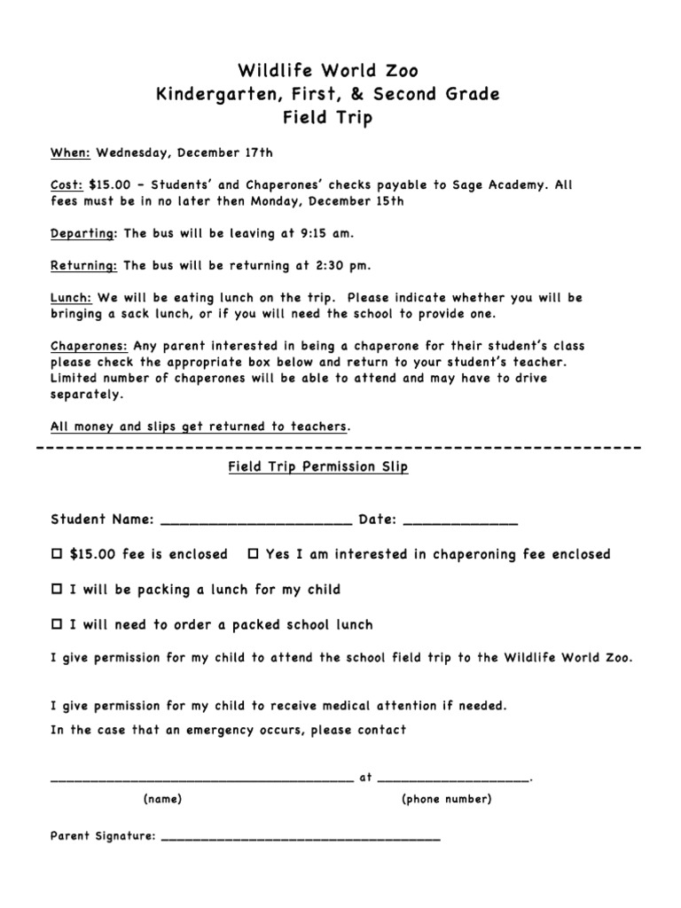Wildlife World Zoo Permission Slip | PDF