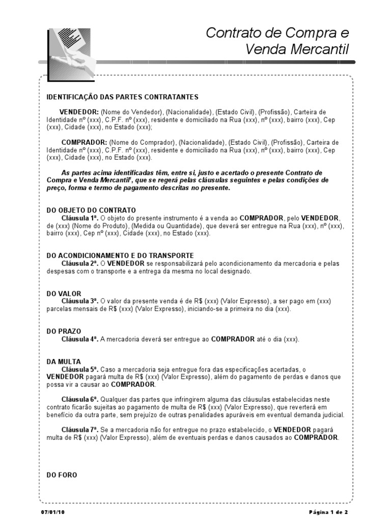 Modelo de Contrato de Compra e Venda Mercantil | PDF | Mercado ...