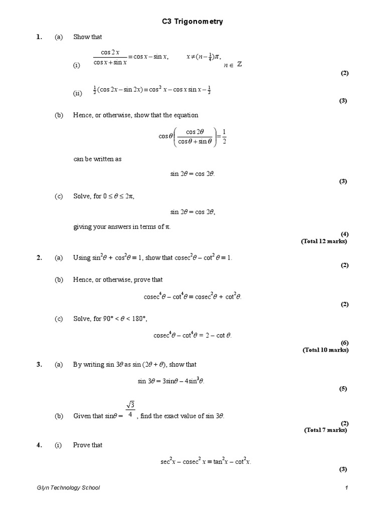 C3 Trigonometry Workbook PDF | PDF | Trigonometric Functions | Sine