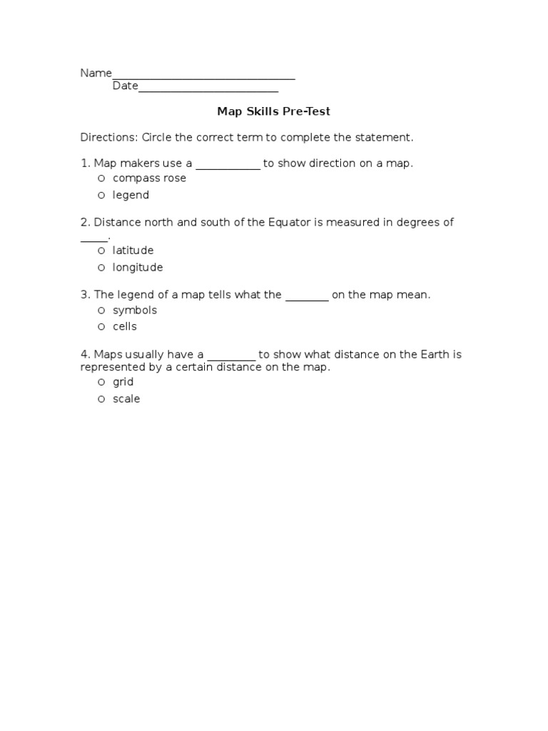 Map Skills Pretest | PDF | Teaching Methods & Materials | Art