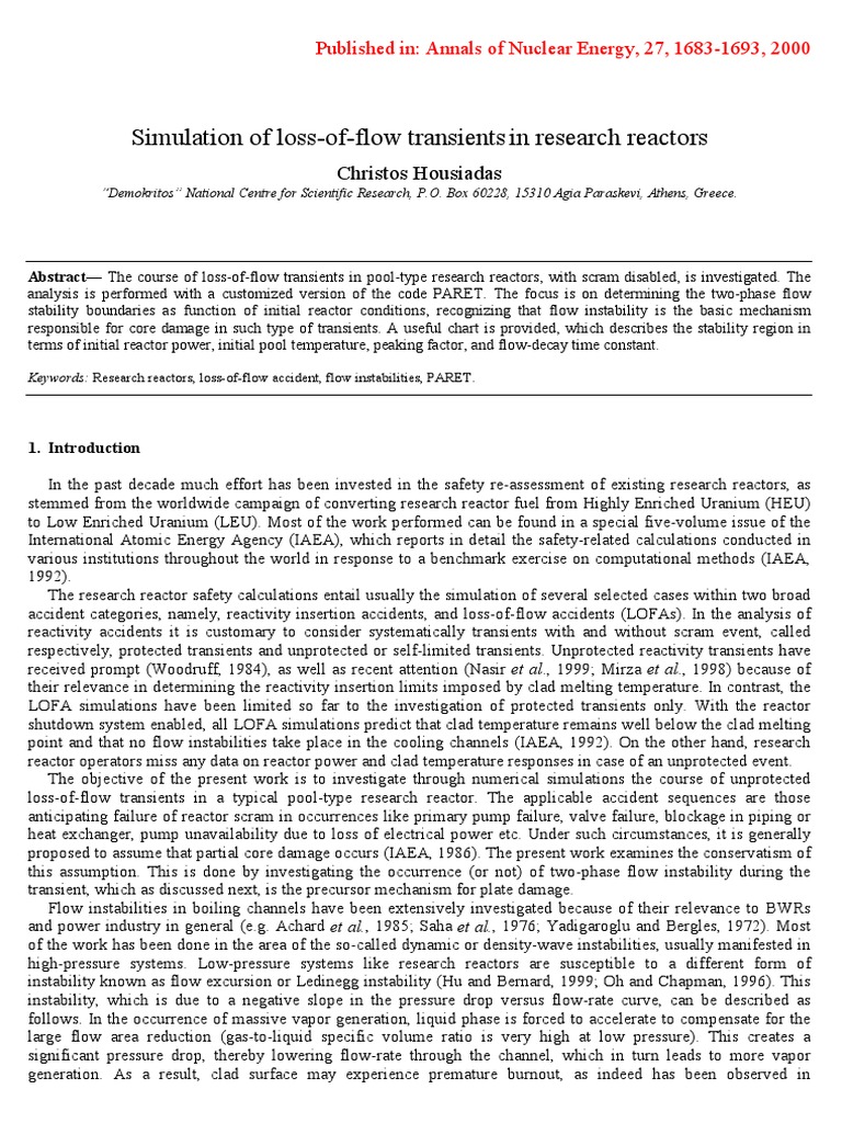 Simulation of Loss-Of-Flow Transients in Research Reactors: Christos Housiadas | PDF | Nuclear ...