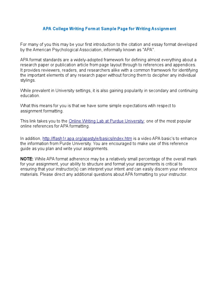 APA College Writing Format Sample Page For Writing Assignment ...
