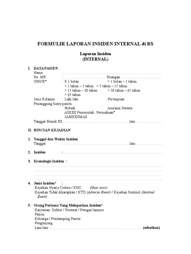 Formulir Laporan Insiden Internal Di Rs | PDF