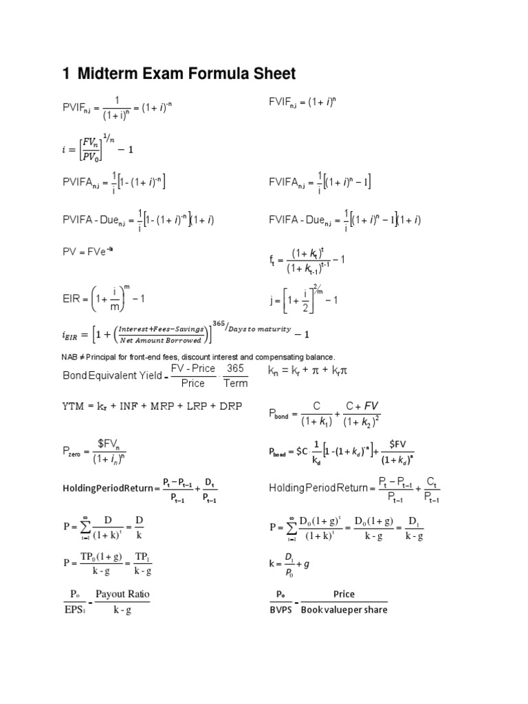 Finance Midterm Formula Sheet Pdf Equity Securities Market