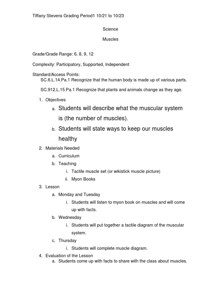 Muscular System Lesson Plan Overview | PDF | Science & Mathematics